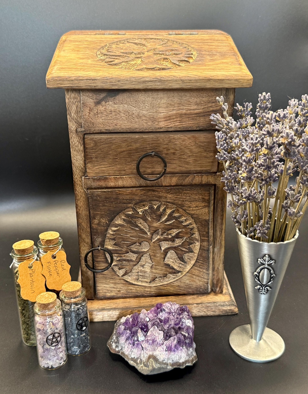 Tree of Life Wooden Altar Chest – 3-compartment Witch Storage Box for ...