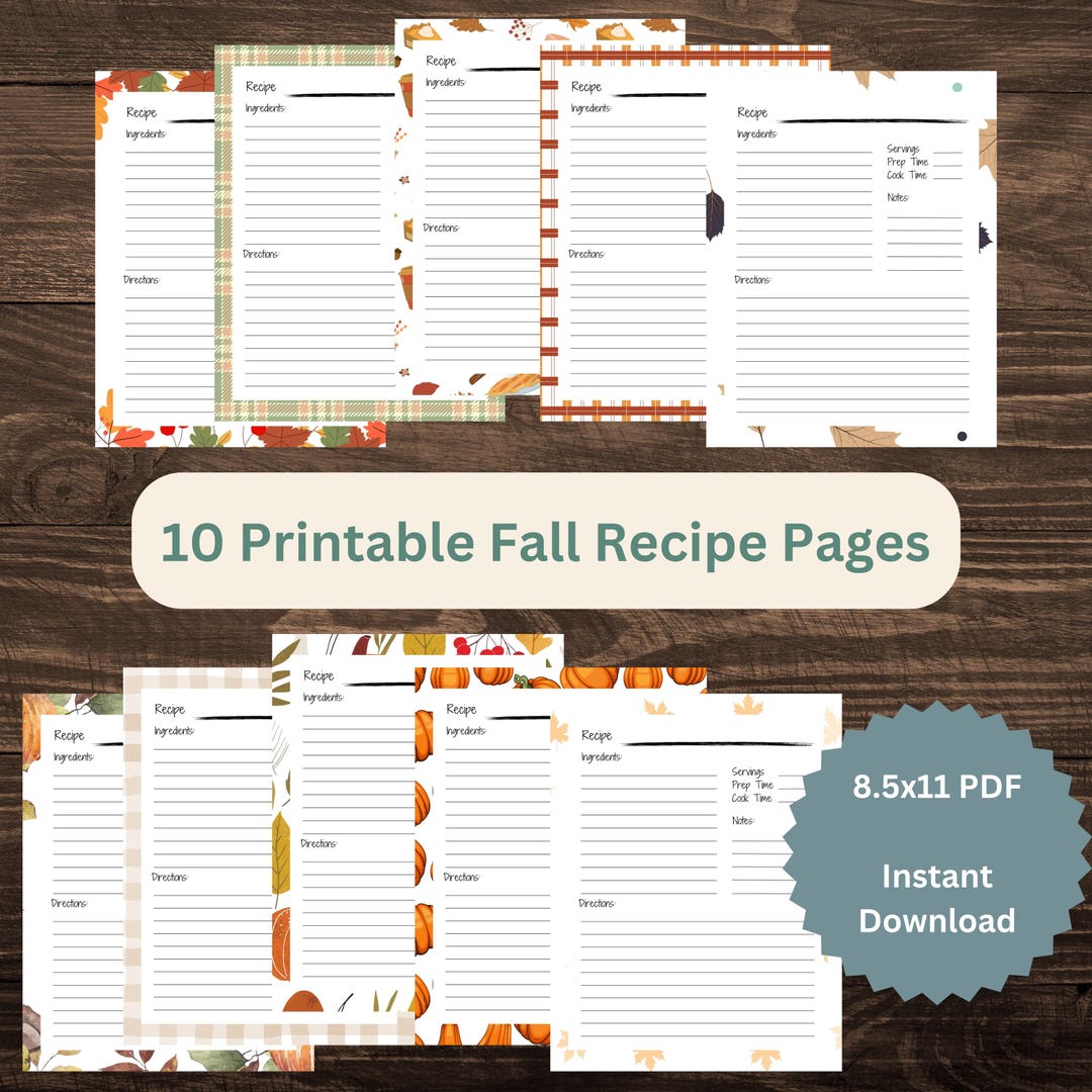 Fall Recipe Sheets: 10 Printable Thanksgiving Designs (PDF Digital ...