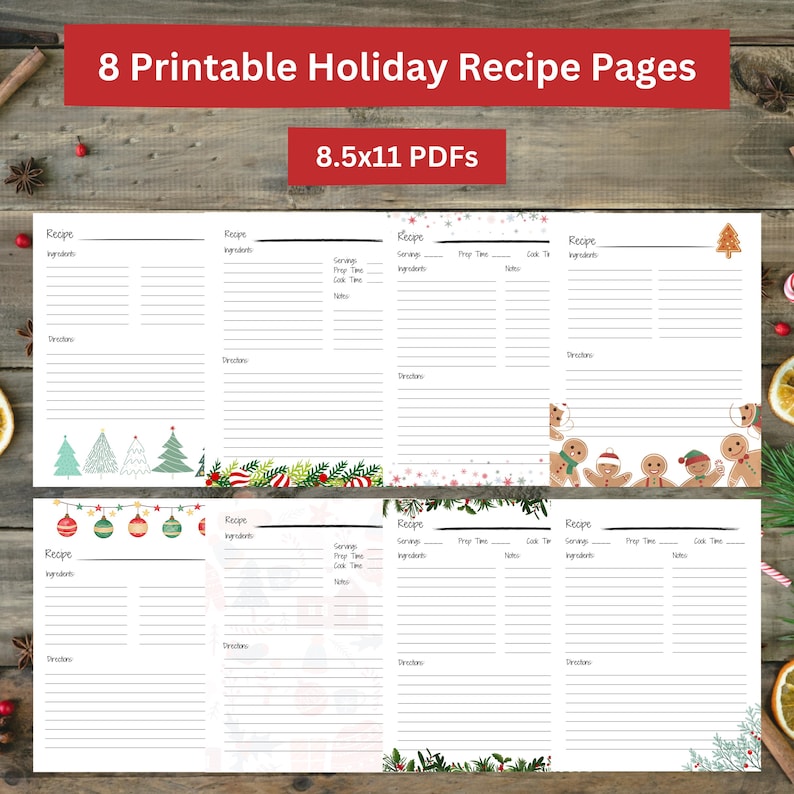 Printable Recipe Pages 8.5x11 and A5, Christmas Designs, Digital Recipe ...
