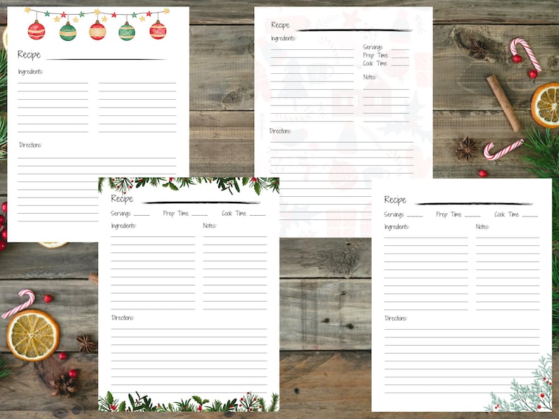 Printable Recipe Pages 8.5x11 and A5, Christmas Designs, Digital Recipe ...