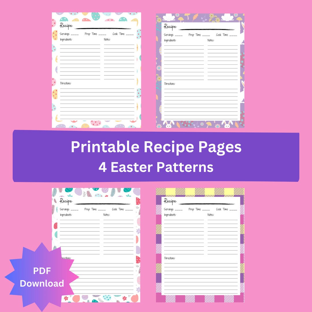 Printable Easter Recipe Sheets: 4 Spring Designs (PDF Download) - Etsy