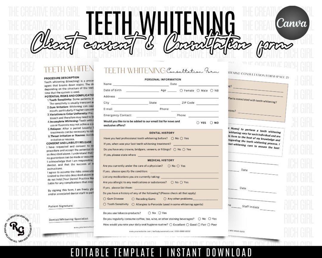 Editable Teeth Whitening Consent Forms, Consent Form Template, Esthetician Forms, Teeth ...
