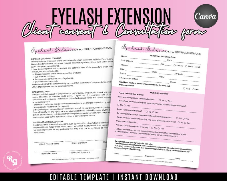 Editable Lash Extensions Consent Form, Lash Tech Consultation, Simple ...