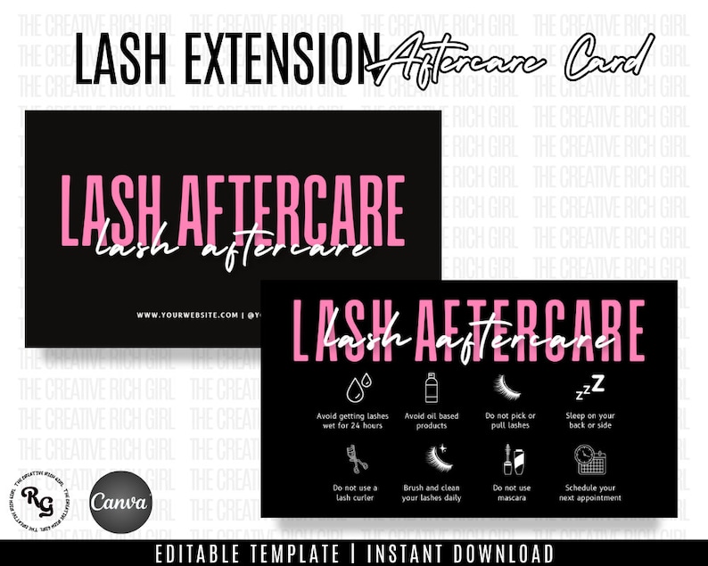 Lash Aftercare Card Template, Editable Lash Business Cards, Printable Lash Extension Card ...