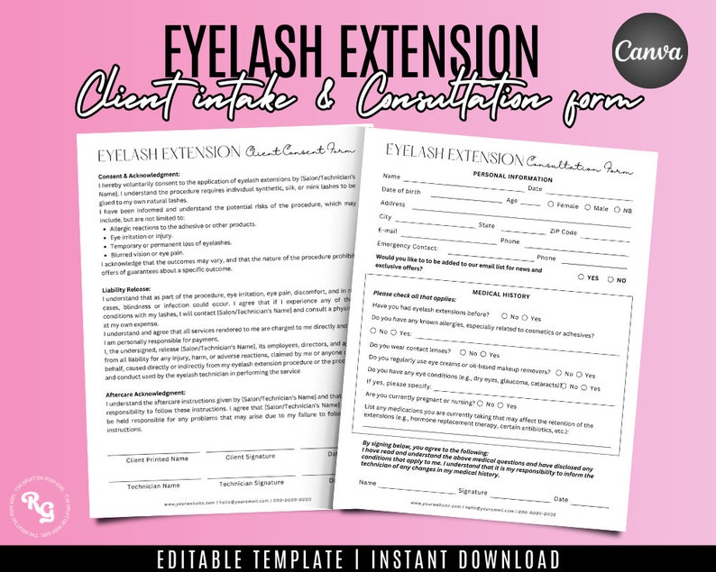 Editable Lash Extensions Consent Form, Lash Tech Consultation, Simple ...