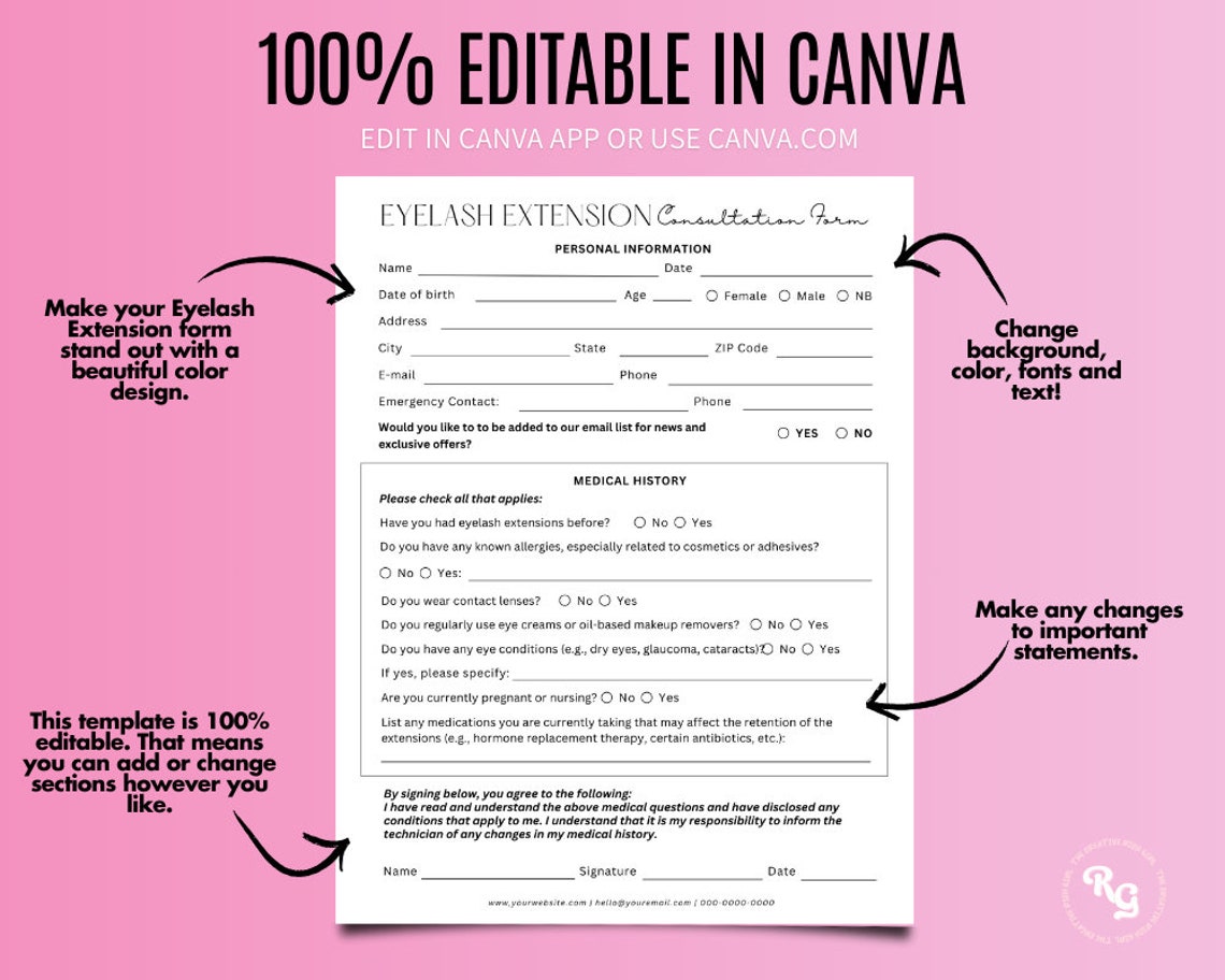 Editable Lash Extensions Consent Form, Lash Tech Consultation, Simple ...