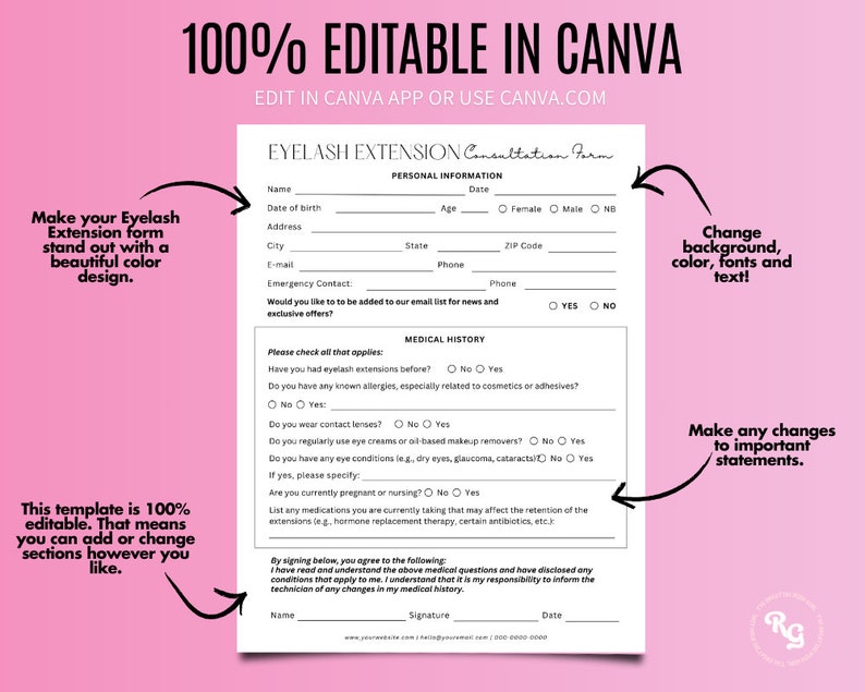 Editable Lash Extensions Consent Form, Lash Tech Consultation, Simple ...