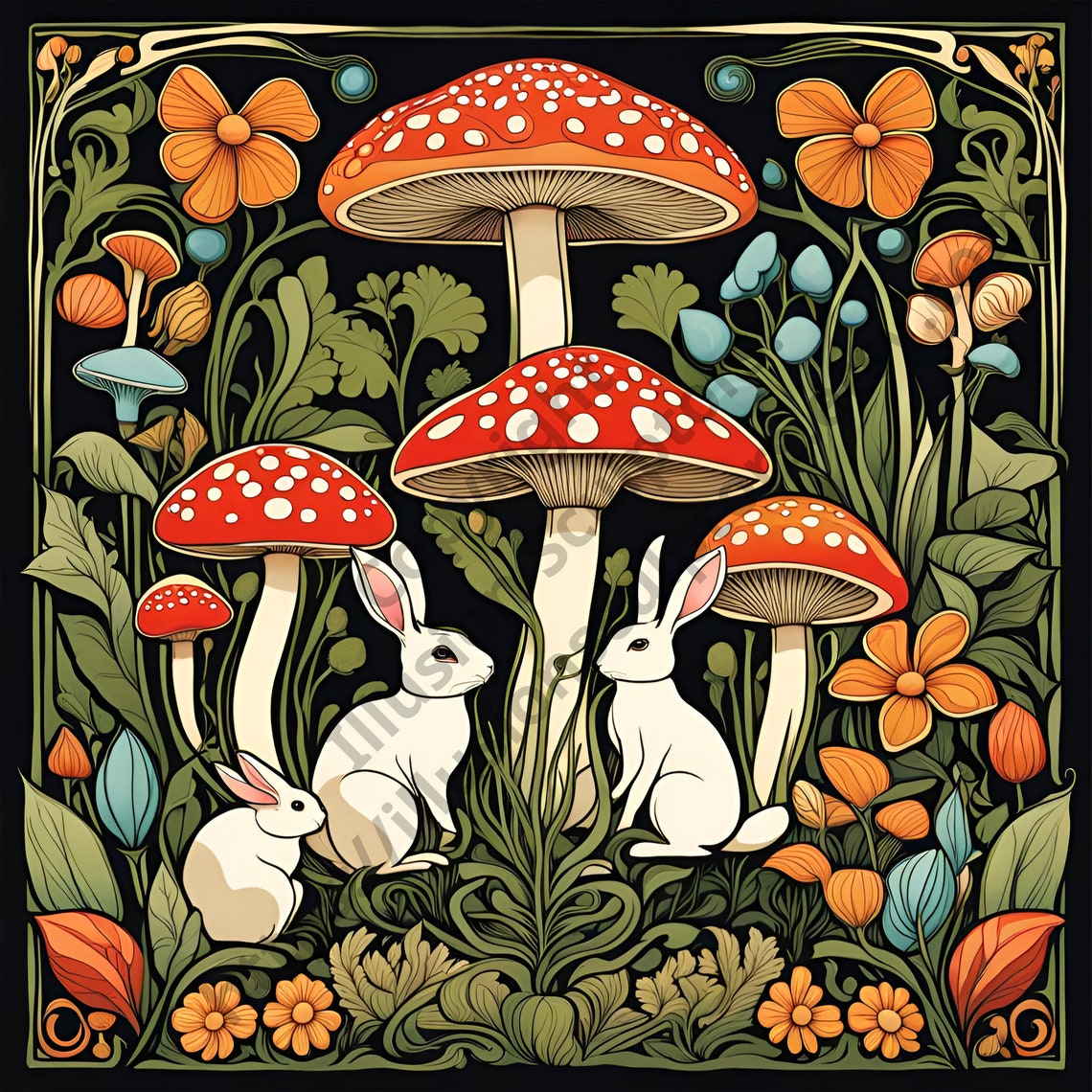 Bunnies Under the Toadstool - A Digital Print of a Whimsical Depiction ...
