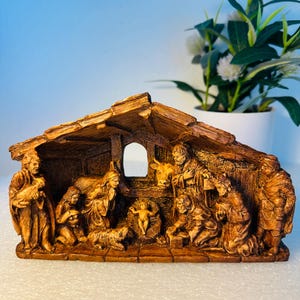 Hand-carved Wooden Nativity Scene | Rustic Christmas Manger | Religious ...