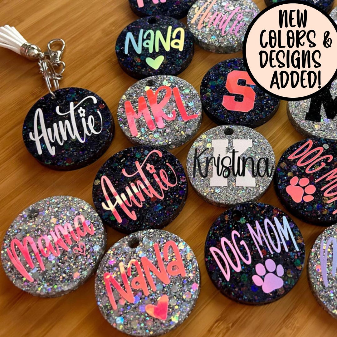 Personalized Glitter Resin Keychain: Monogram Vinyl Decal, Tassel Key ...