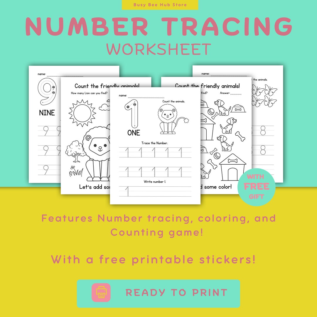 Numbers Tracing, Counting Animals, and Coloring Activity Worksheet 123 ...