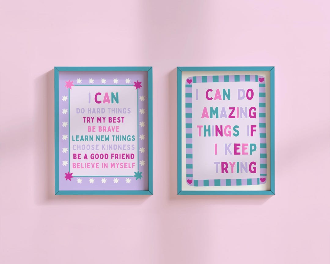 Girls Affirmation I Can Wall Art Set of 2. Kids Positive Quote Posters ...