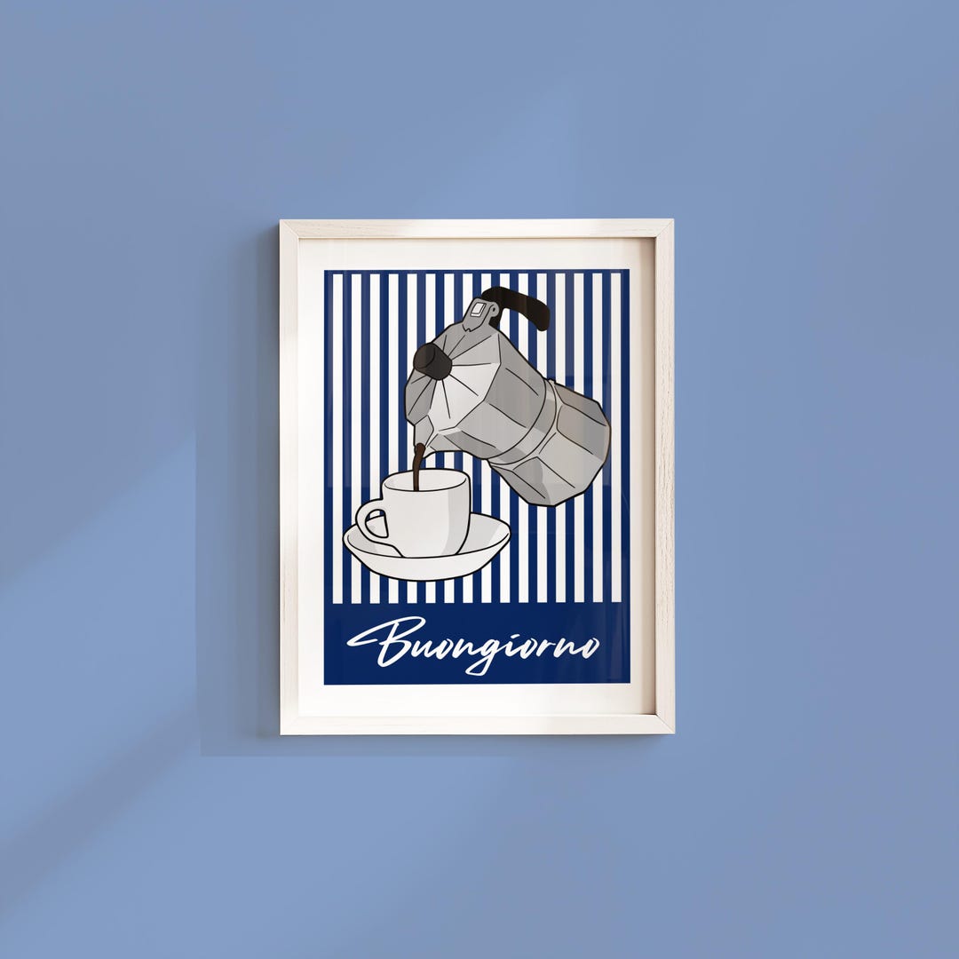 BUONGIORNO ESPRESSO Print, Italian Coffee Kitchen Decor, Navy Blue Cafe ...