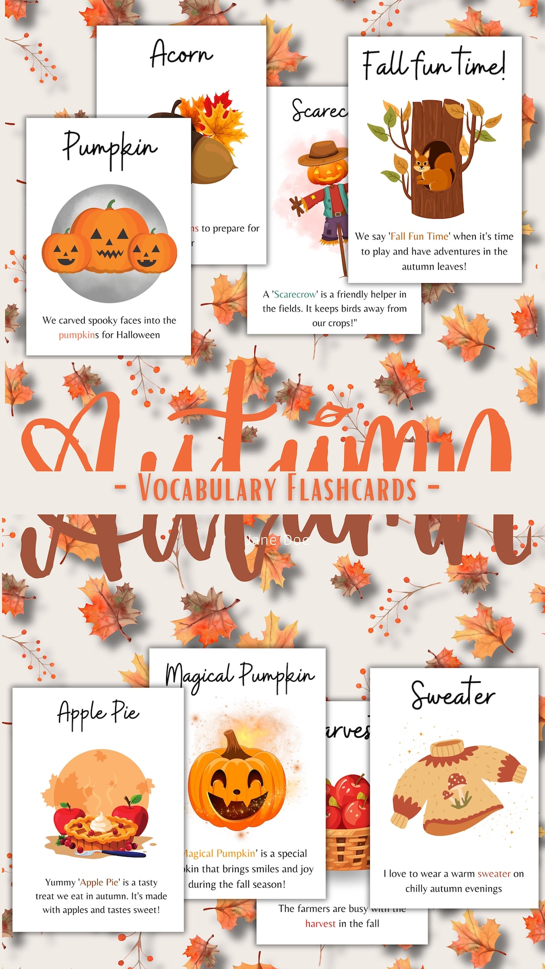 15 Fall Vocabulary, Flashcards, Autumn, for Children, Teacher ...