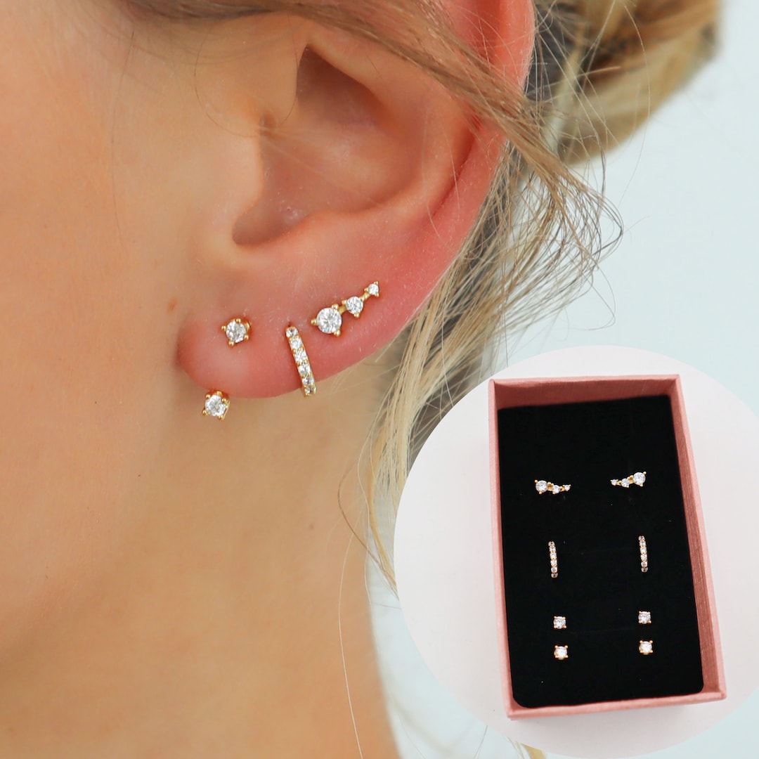 Dainty Gold Plated Earring Stack, Silver Earring Stack, Sterling Silver ...