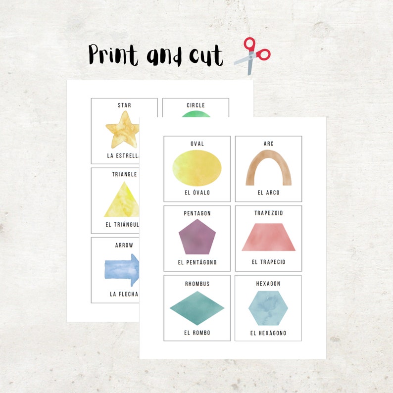 Spanish/english Printable Shapes Vocabulary Flashcards, Montessori ...