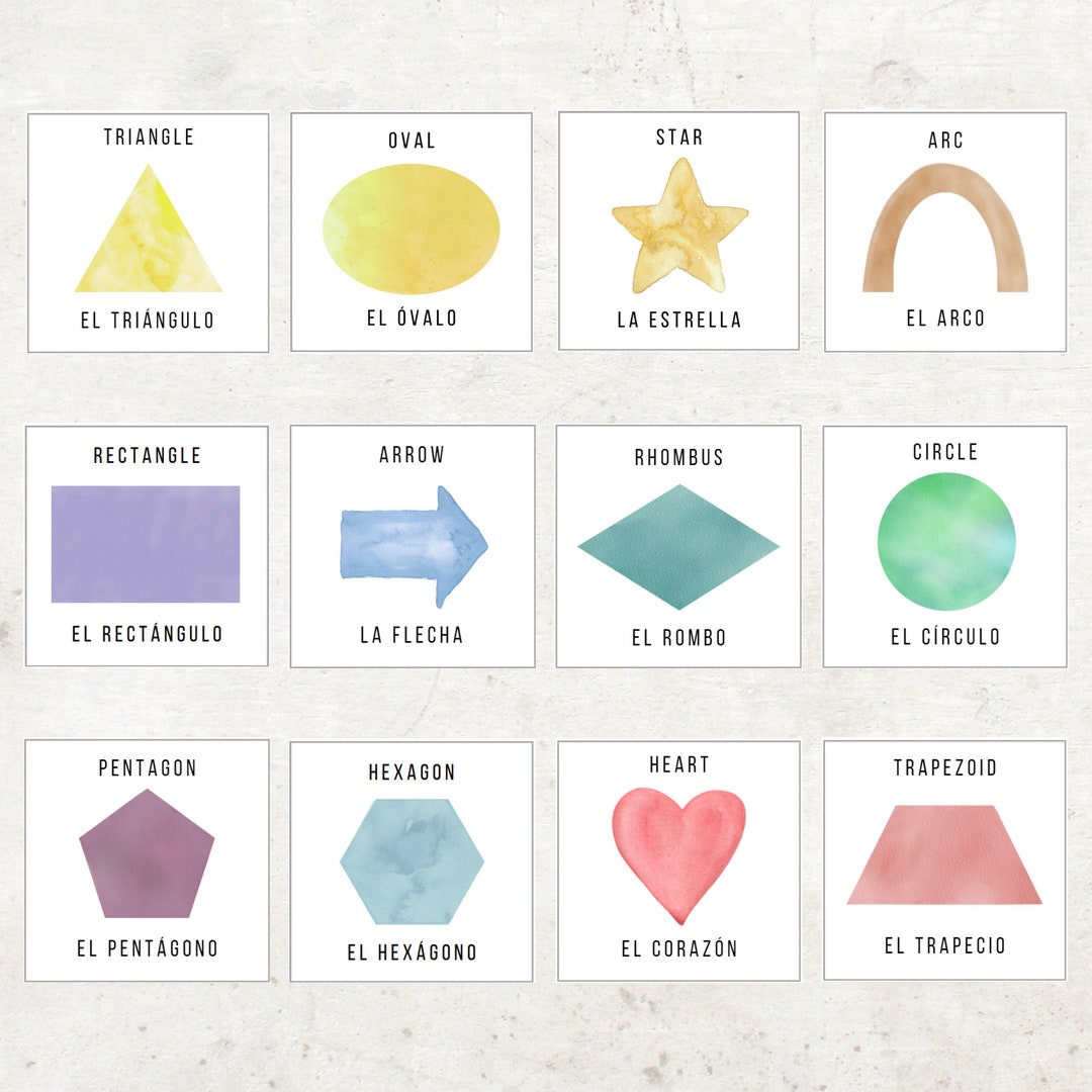 Spanish/english Printable Shapes Vocabulary Flashcards, Montessori ...