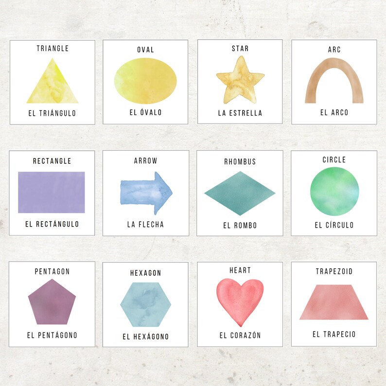 Spanish/english Printable Shapes Vocabulary Flashcards, Montessori ...