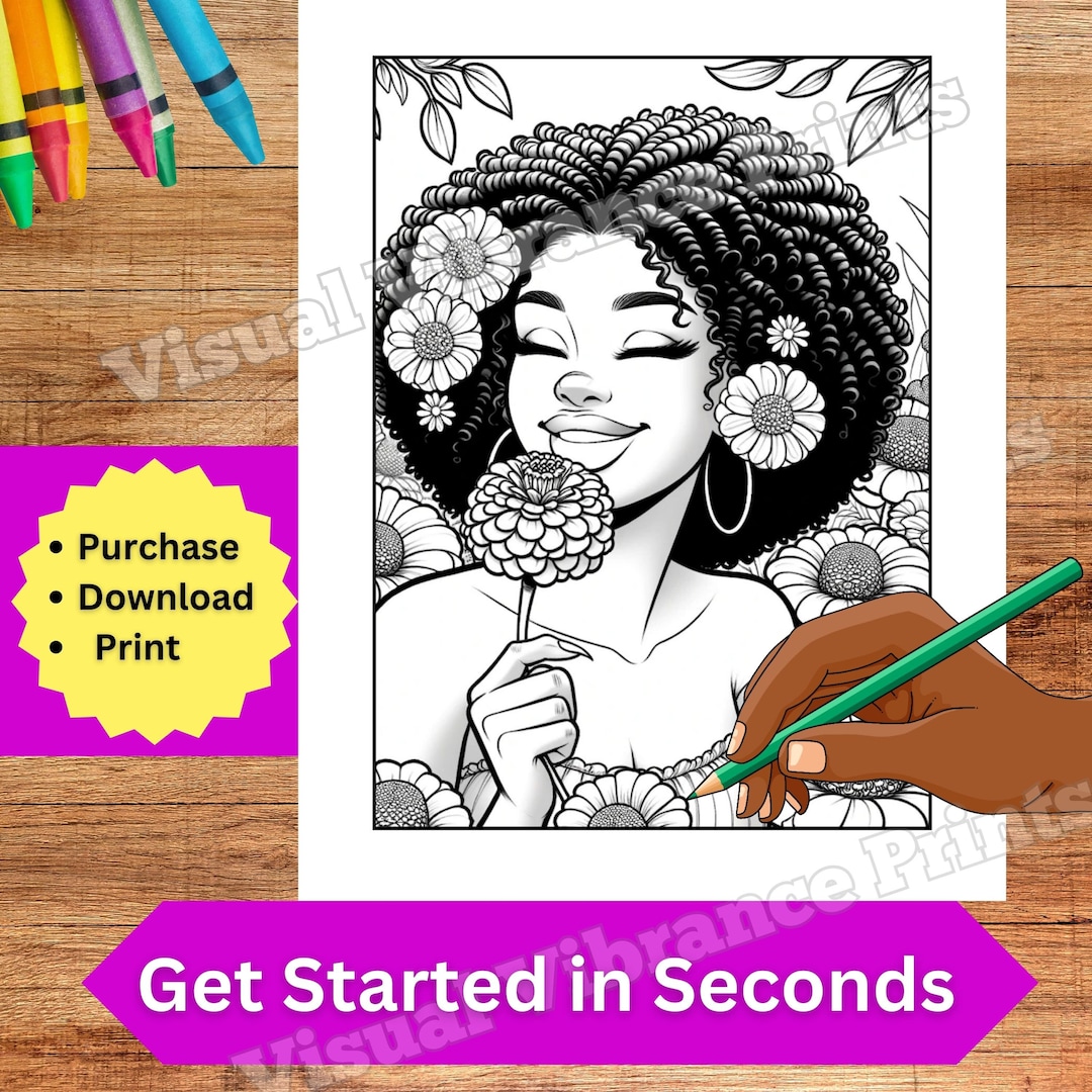 Black Woman Floral Scenes Coloring Book, Adult Coloring Book ...