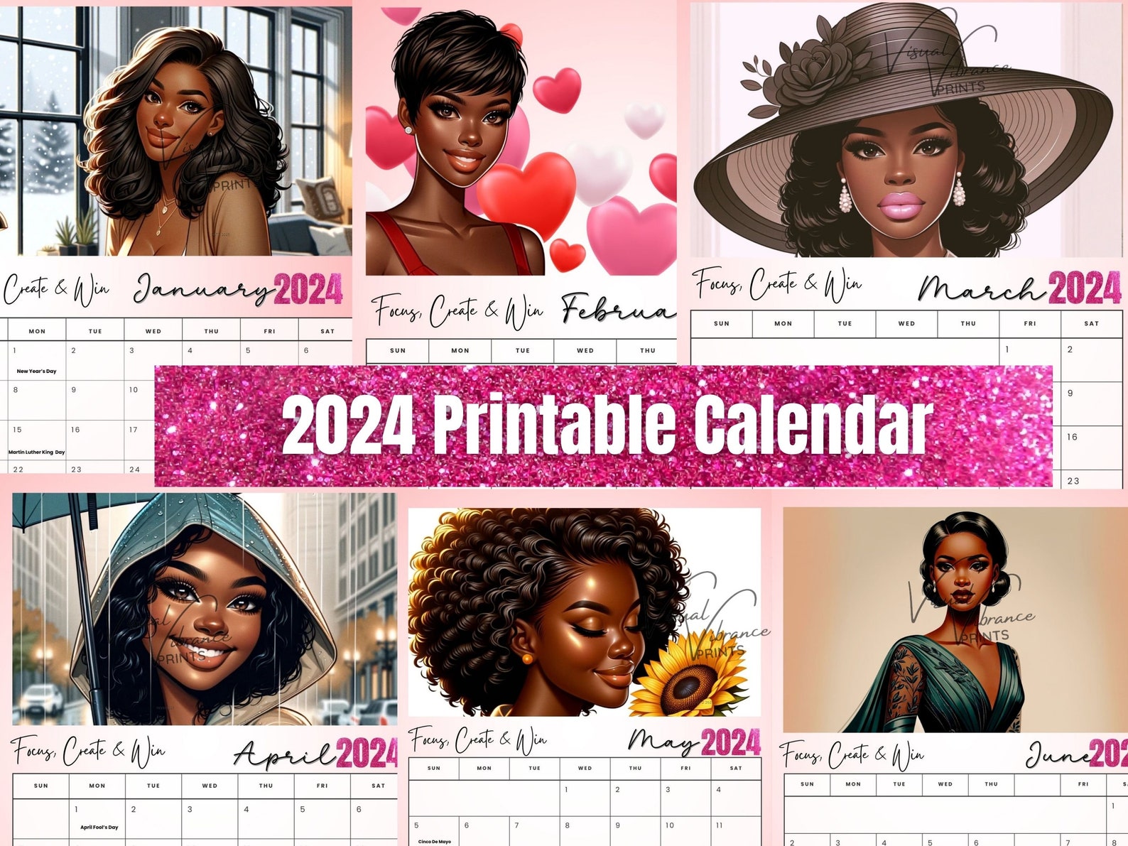 2024 Printable Calendar, Black Woman Calendar, African Wallart, 2024 ...