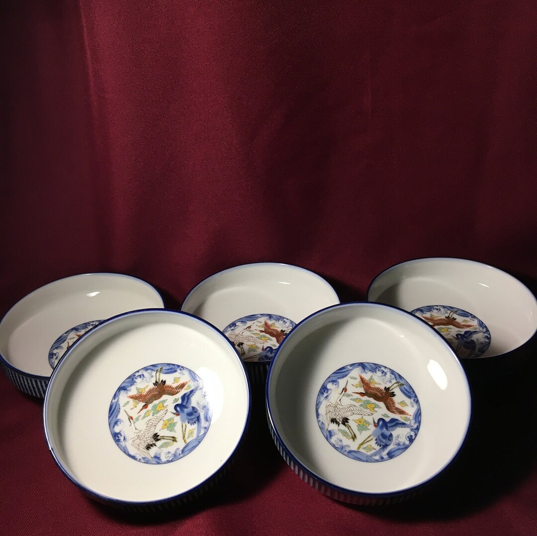 Vintage Asian Stacking Bowls Blue and White With 3 Cranes in Flight and ...