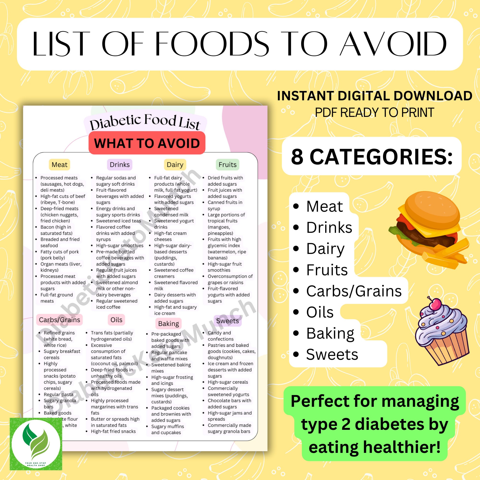 Diabetic Food List Printable ~ Blood Sugar Log ~ Type 2 Diabetes ...