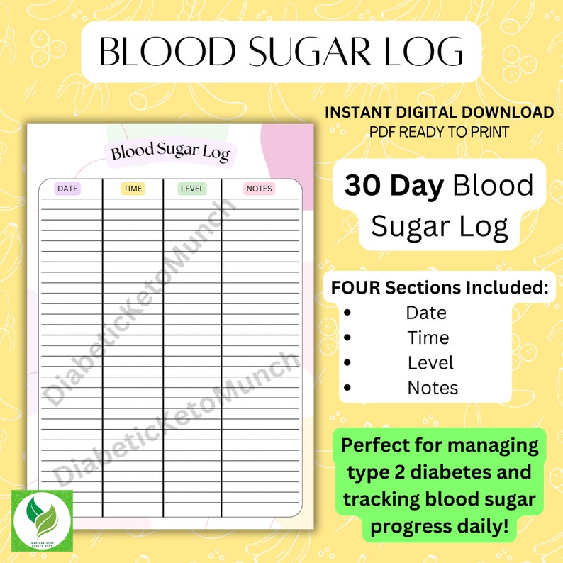 Diabetic Food List Printable ~ Blood Sugar Log ~ Type 2 Diabetes ...