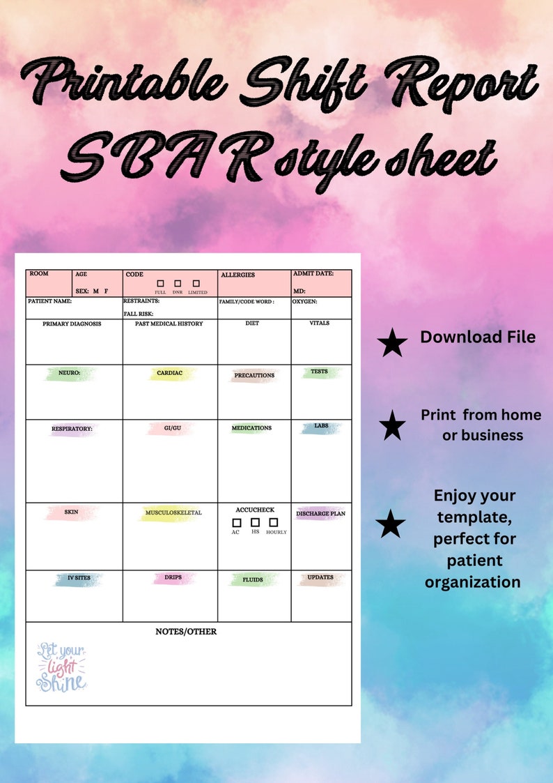 Shift Report for Nurses, SBAR Shift Sheet Digital Download for ...