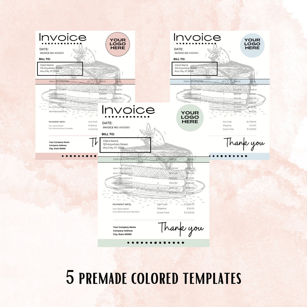 Digital Invoice Template for Bakery Cake Small Business Cute Template ...