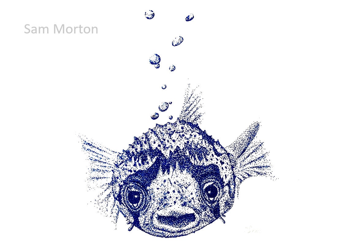 Cute Puffer Fish Art Print in Pointillism, A4 Ocean Wall Art, Beach ...