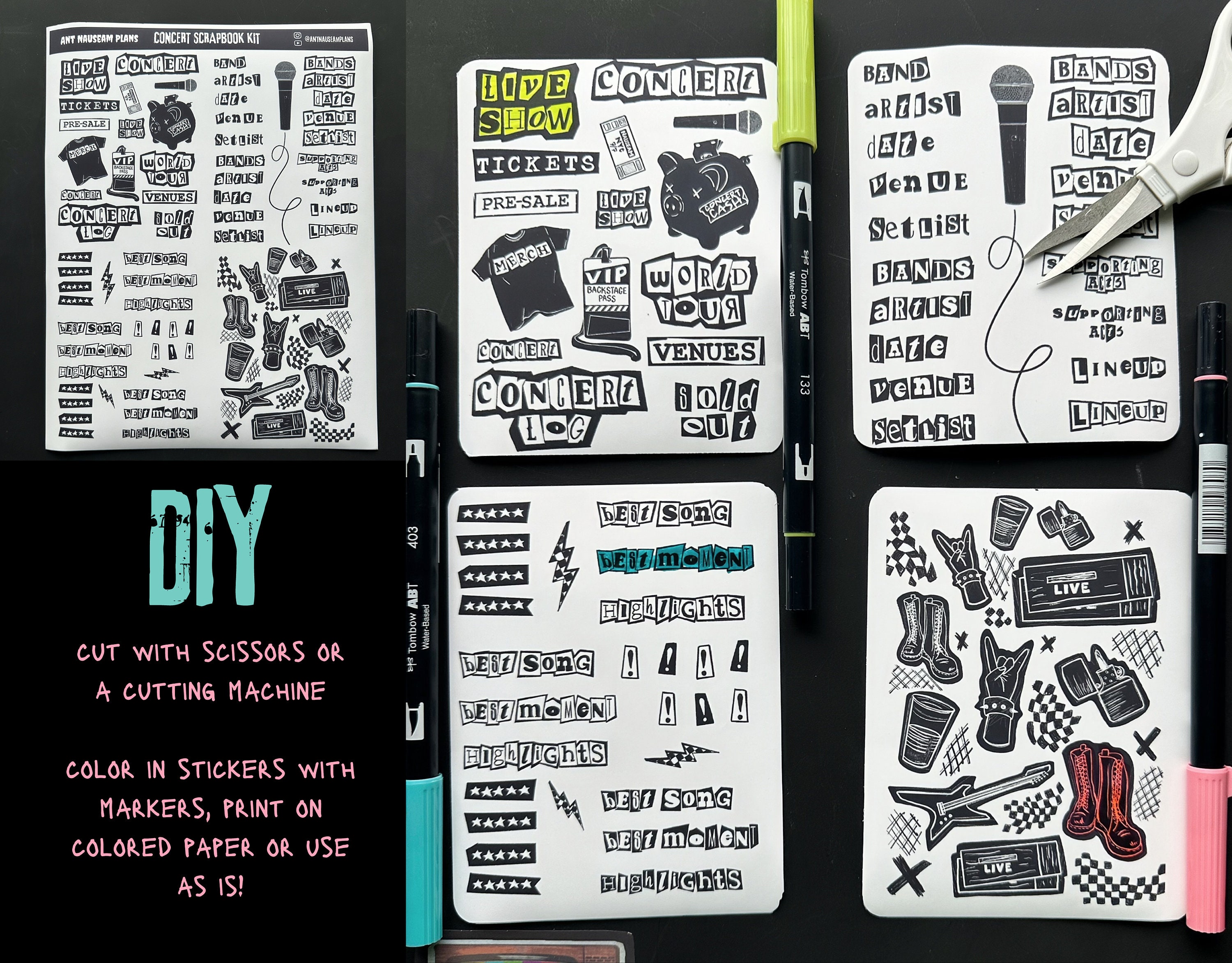 Hand-drawn Punk Rock Concert Scrapbook Kit [[printable]] - Etsy