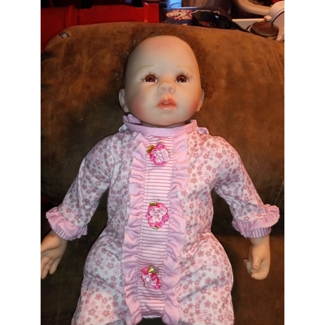 Vintage Reborn Baby Doll With Brown Eyes Curly Rooted Hair & Floral ...