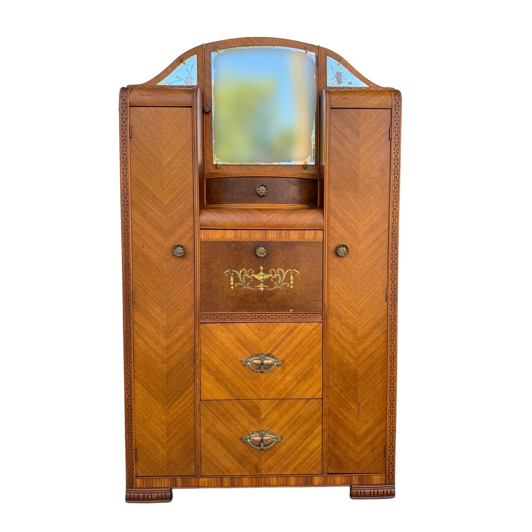 Antique 1930s Art Deco Waterfall Armoire, Drop Down Desk Cabinet, Cedar ...