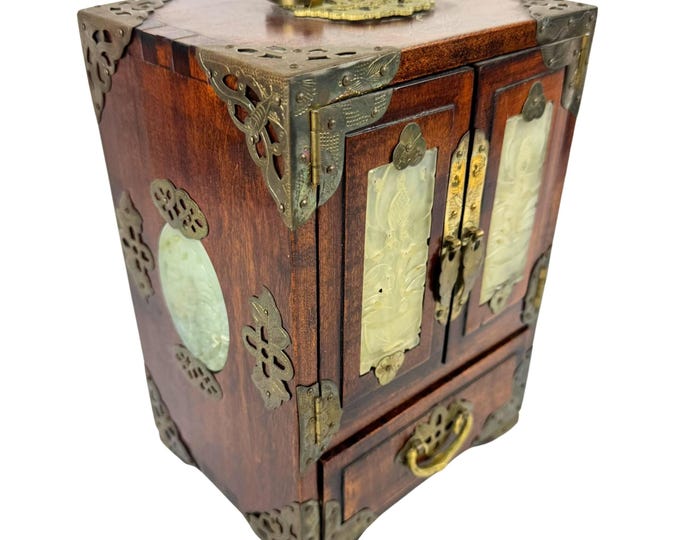 Vintage Chinese Jade Panel Wood Jewelry Box – Brass Adornments, Ornate ...