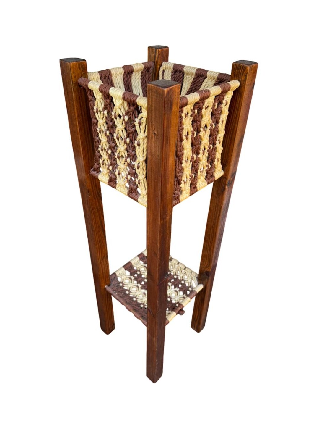 Vintage Boho Macramé and Wood Plant Stand – Handmade Woven Free ...