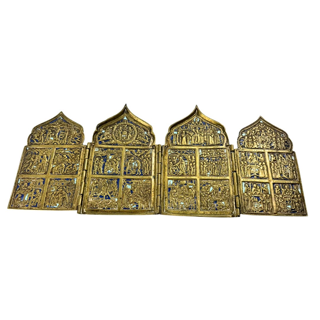 Antique Russian Brass Icon Quadriptych – 19th Century Orthodox Travel ...