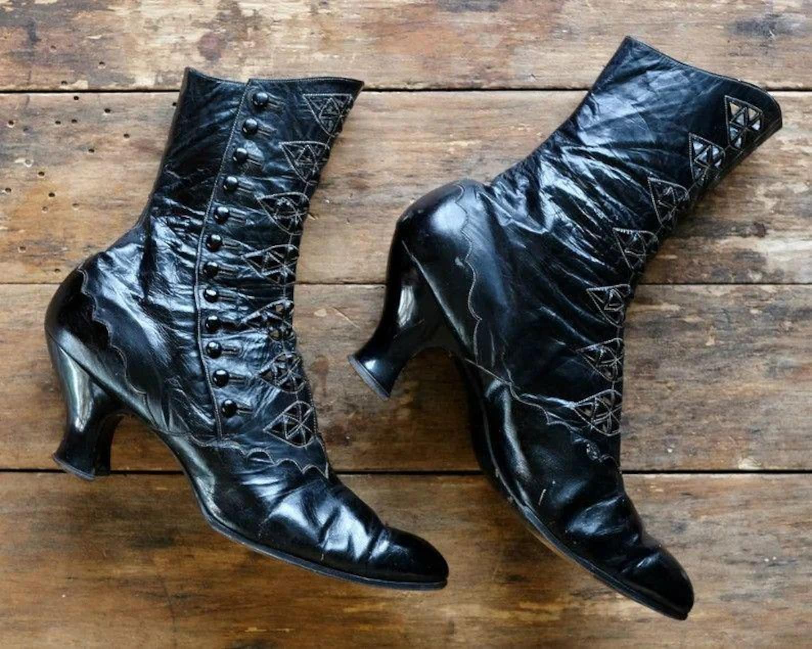 Edwardian 1910s Openwork or Cutwork Black Leather Button Boots With ...