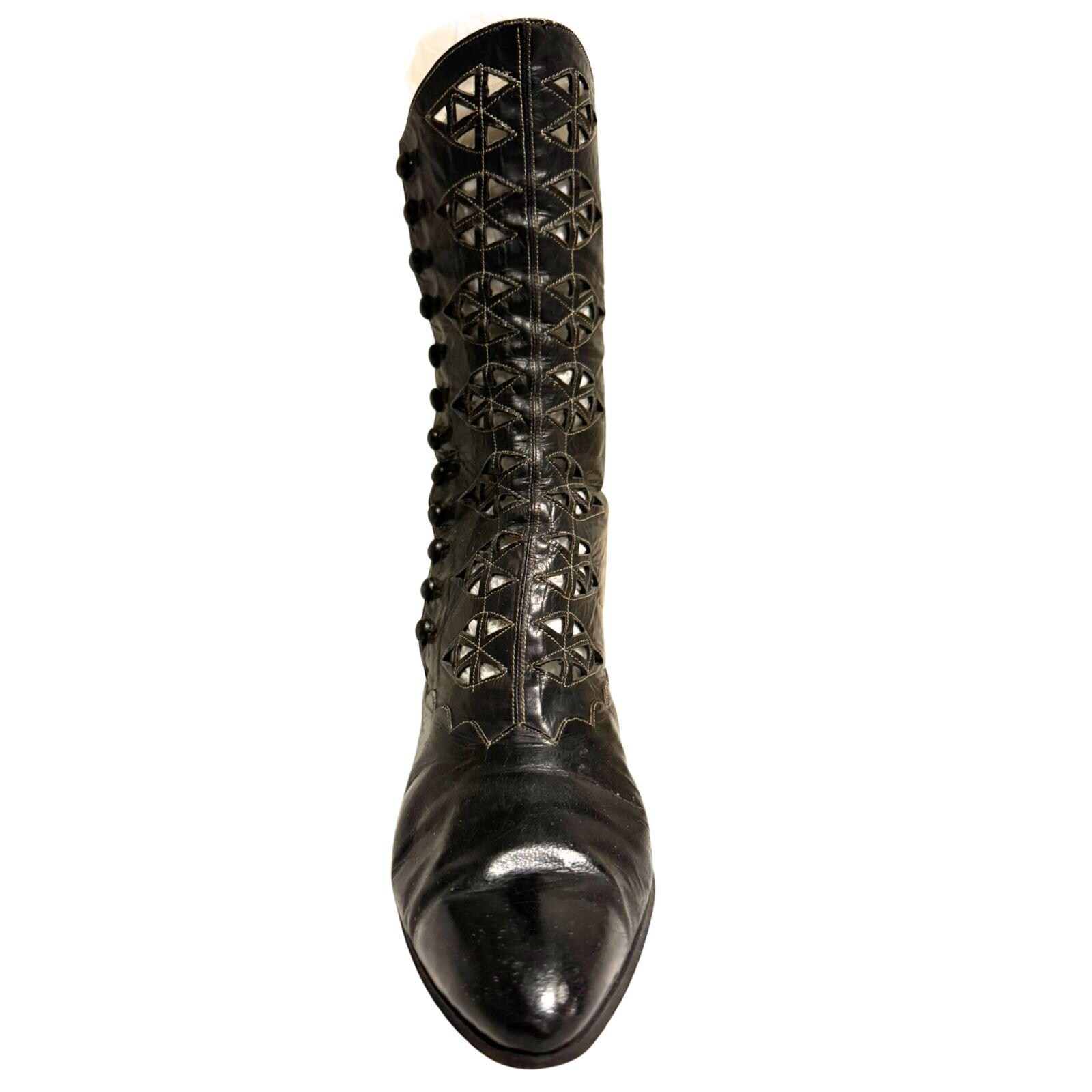 Edwardian 1910s Openwork or Cutwork Black Leather Button Boots With ...