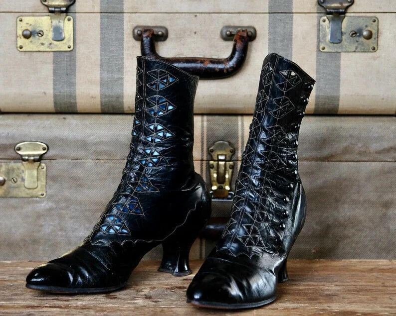 Edwardian 1910s Openwork or Cutwork Black Leather Button Boots With ...
