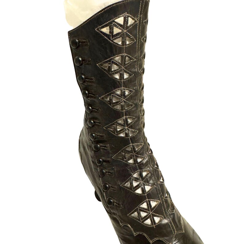 Edwardian 1910s Openwork or Cutwork Black Leather Button Boots With ...