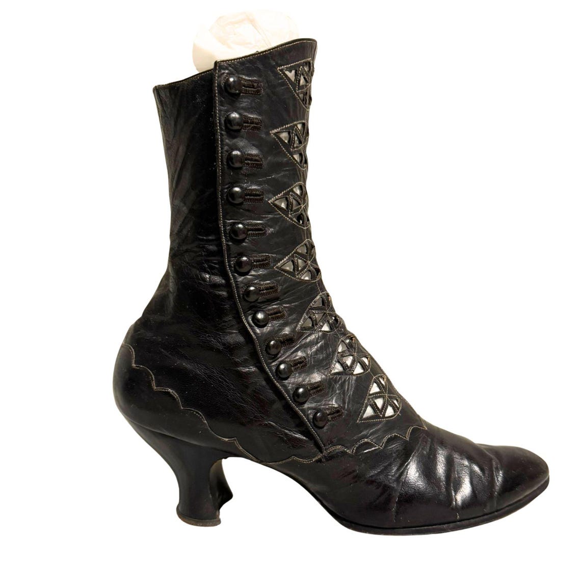 Edwardian 1910s Openwork or Cutwork Black Leather Button Boots With ...