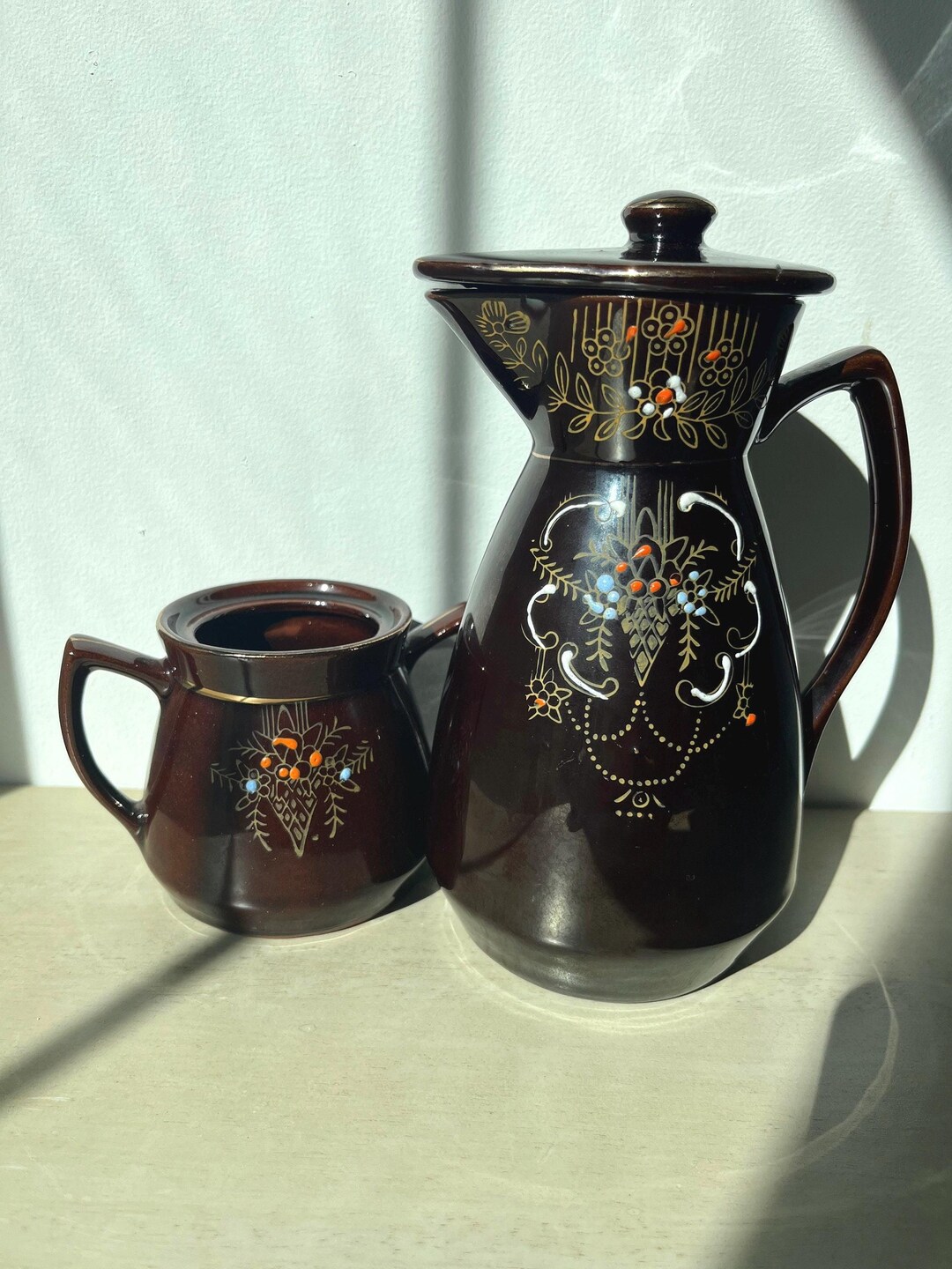 Vintage Hand Painted Redware Japanese 2-piece Set - Etsy