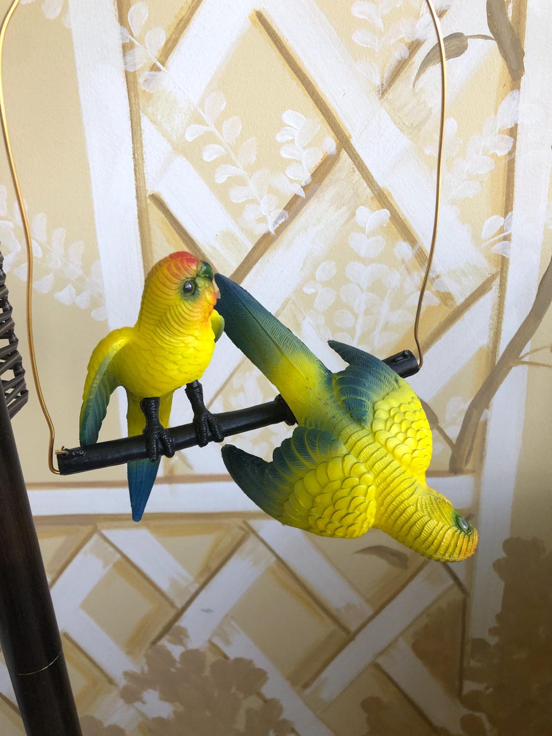 Midcentury Yellow Parrots, TWO Vintage Retro Birds on Faux Wood Perch ...