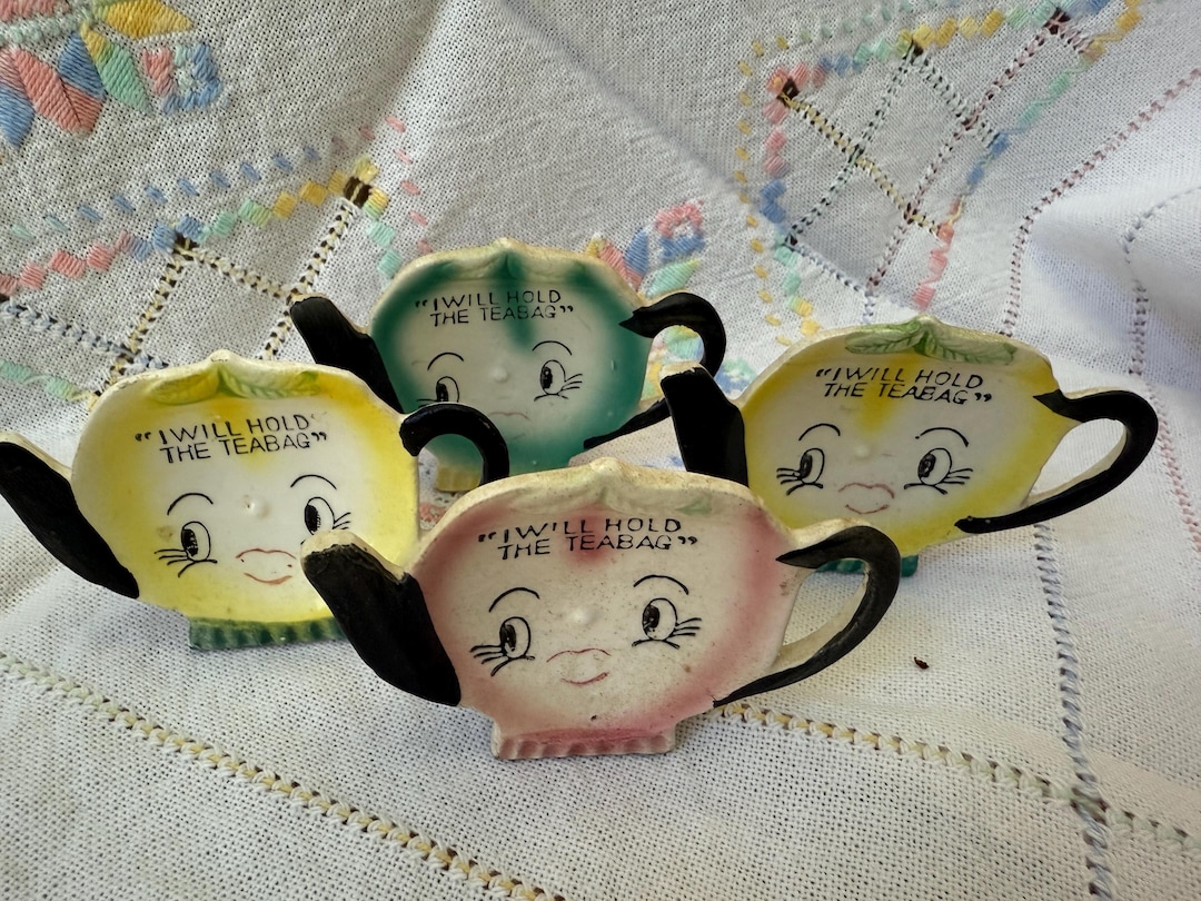 Anthropomorphic Teapot Teabag Holders, Set of 4, 1950s Ceramic Spoon ...