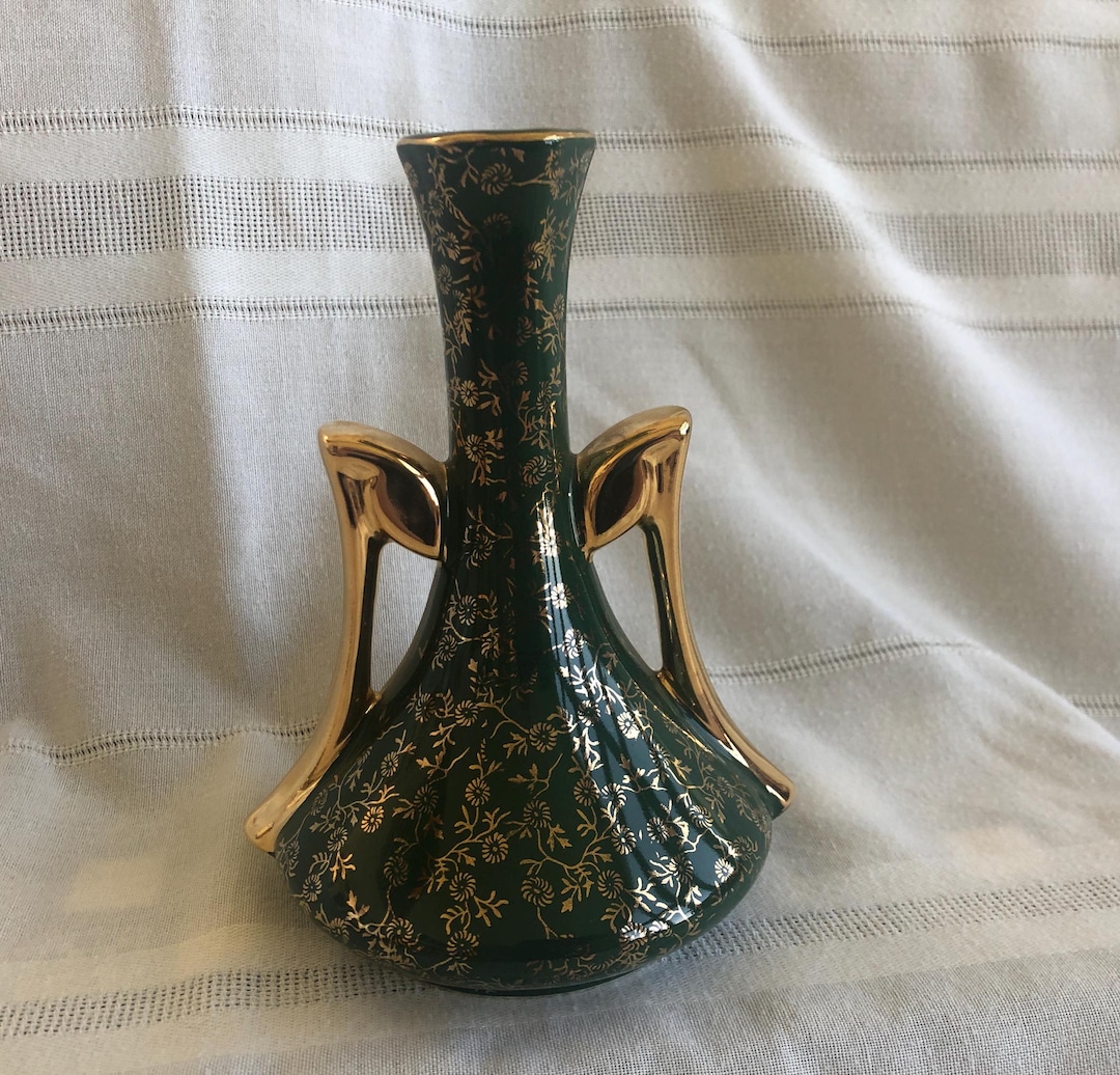 MINT Vintage Green Gold Ceramic Long Neck Vase, 1960s Genie Bottle ...