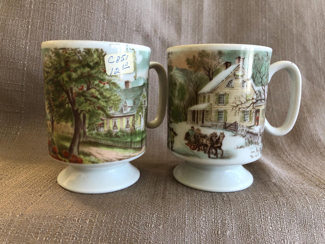 Vintage Farmhouse Coffee Mug, Set of 2, Ceramic Mugs, Country Landscape ...