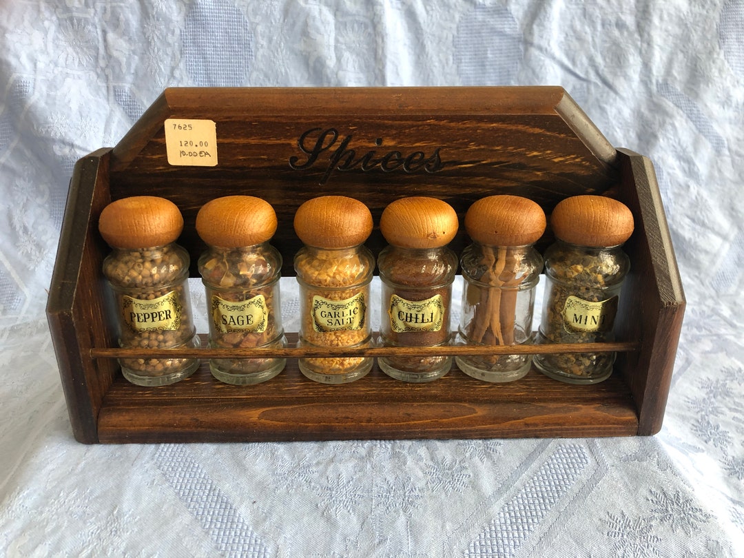 Vintage Wood Spice Rack, FREE SHIPPING, 6 Spice Bottles, Gold Spice ...