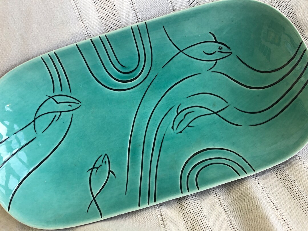 MINT Midcentury Modern Fish Dish, 1960s MCM Ceramic Turquoise Black ...