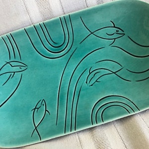 MINT Midcentury Modern Fish Dish, 1960s MCM Ceramic Turquoise Black ...