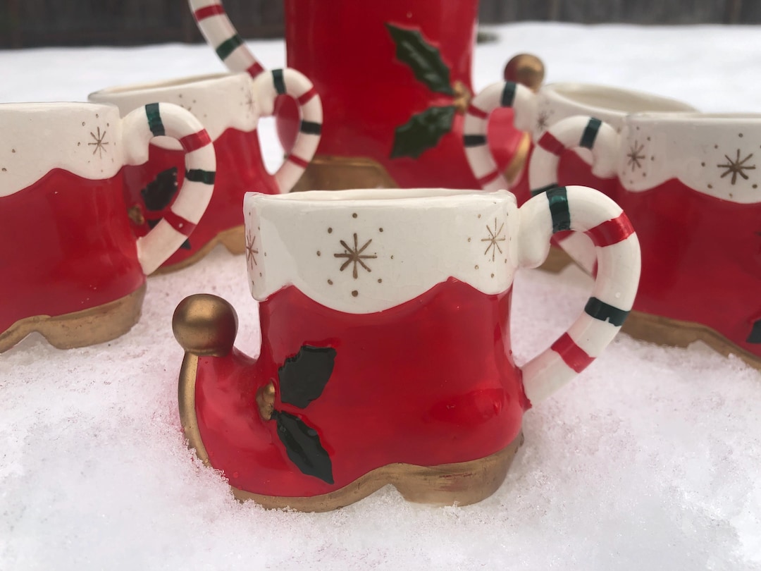Vintage Christmas NAPCO Candy Cane Santa Boot Pitcher & Mug Set, Setof6, EXCELLENT Condition ...